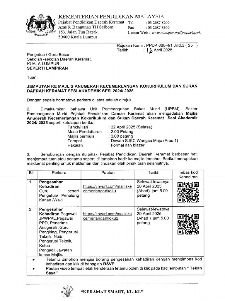 Surat Jemputan Ke Majlis Anugerah Kokurikulum Dan Sukan Daerah Keramat Sesi Akademik 2024-2025 | PDF
