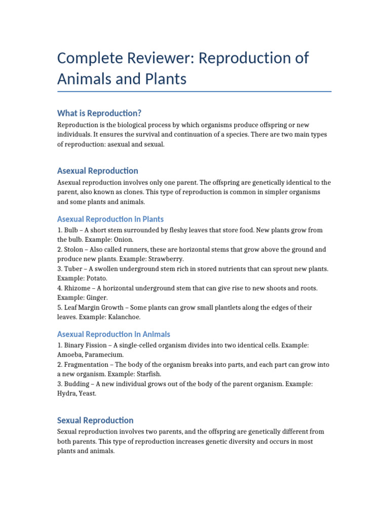 Types of Animal and Plant Reproduction | PDF | Reproduction | Plant ...