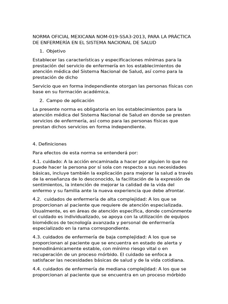 Norma Oficial Mexicana Nom-019-Ssa3-2013, para La Práctica de Enfermería en El Sistema Nacional ...