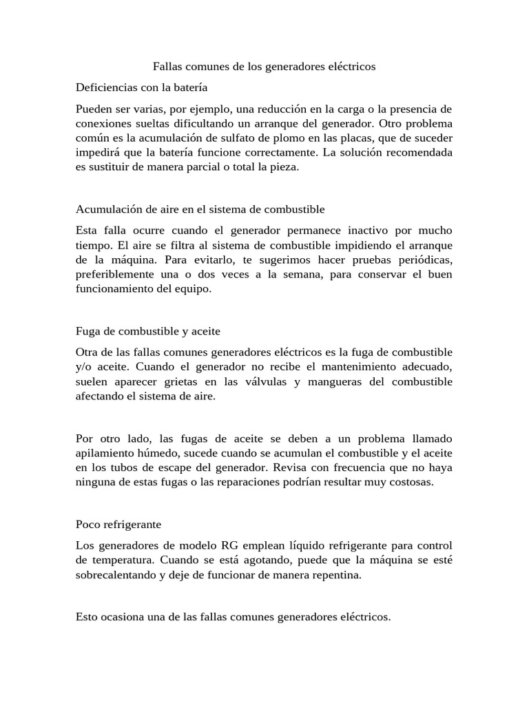 Fallas Comunes de Los Generadores Eléctricos | PDF | Generador eléctrico | Transformador