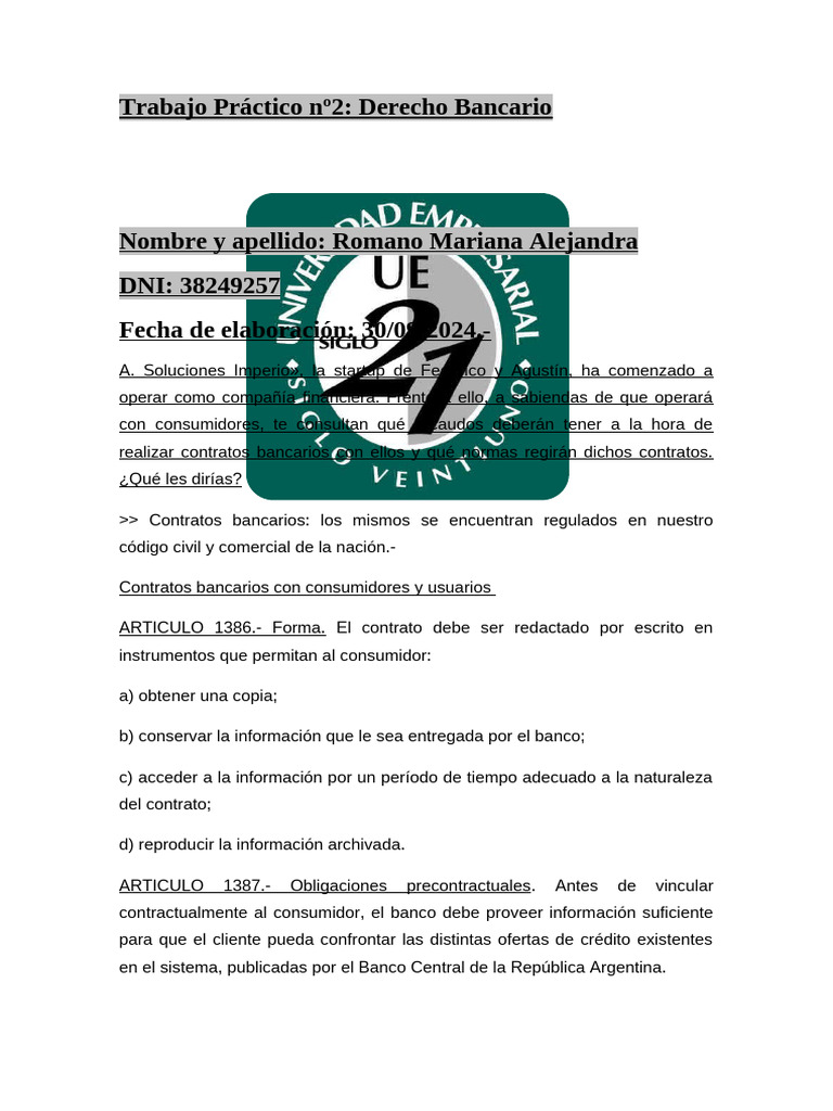 Trabajo Practico N 2 - Derecho Bancario | PDF | Bancos | Tarjeta de crédito