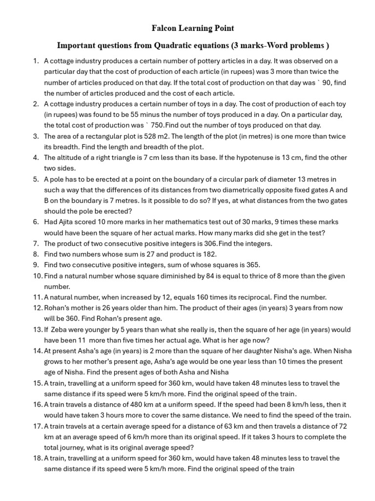 Word Problems -Quadratic equations | PDF | Mathematics | Elementary ...