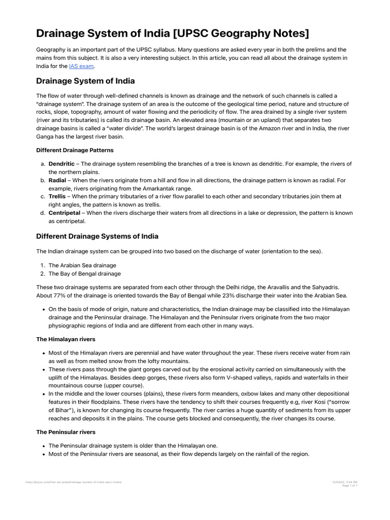 Drainage System in India, UPSC Notes For Geography (Download PDF) | PDF ...
