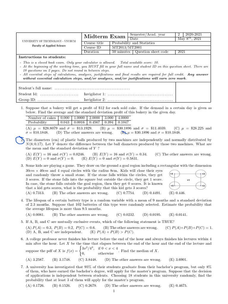 Midterm Exam 08.05.2021 2021 | PDF | Statistical Theory | Statistical ...