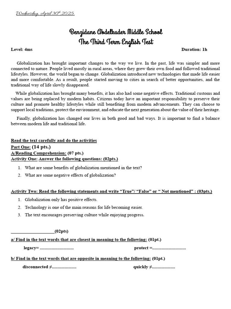 Ms4 Test 2025-Globalization (1) | PDF | Human Communication