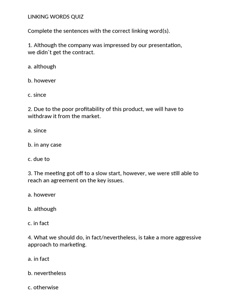 Linking Words Quiz and Homework | PDF
