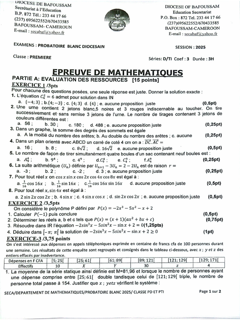 Probatoire Blanc 2025 - Maths 1ère D | PDF