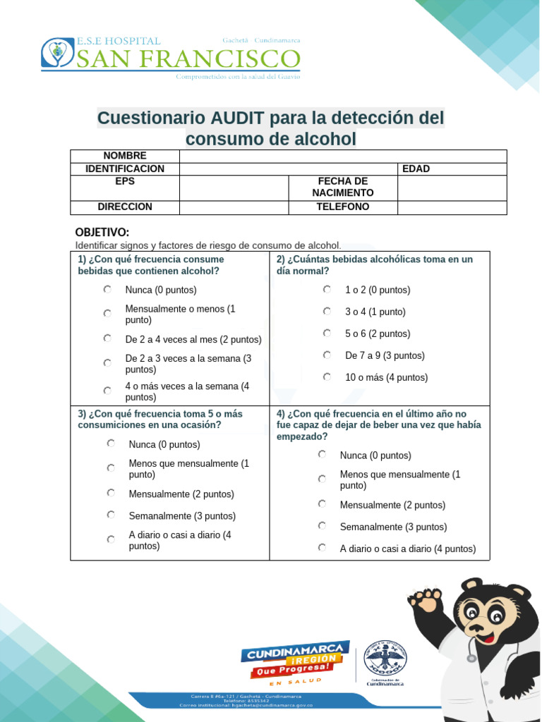 Cuestionario AUDIT sobre consumo de alcohol | PDF | Bebidas alcohólicas ...