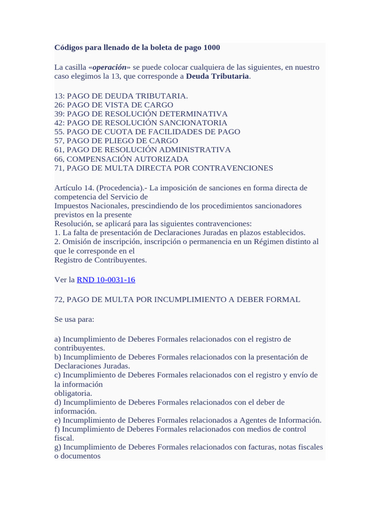 Códigos para Boleta de Pago 1000 | PDF