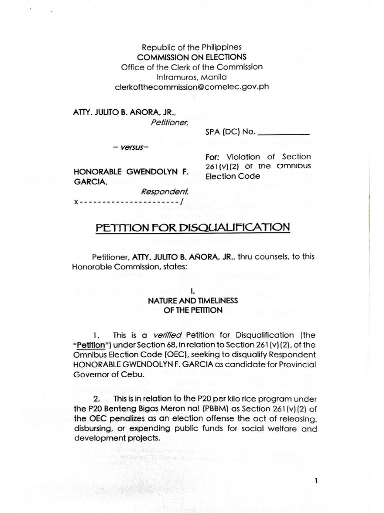 PETITION FOR DISQUALIFICATION-ATTY. JULITO B. AÑORA, JR. Vs HON. GWENDOLYN F. GARCIA | PDF