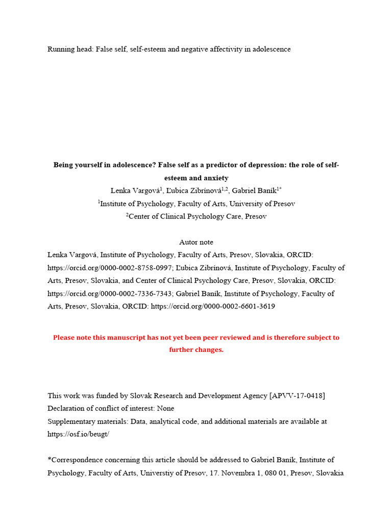 Vargova, Zibrinova, Banik - False Self - Adolescence | PDF | Standard ...