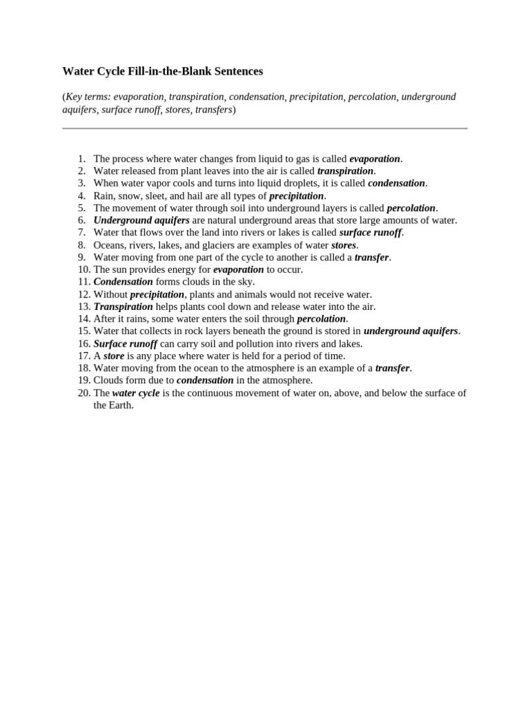 Water Cycle Fill-In-Blanks Questions On Water Cycle | PDF