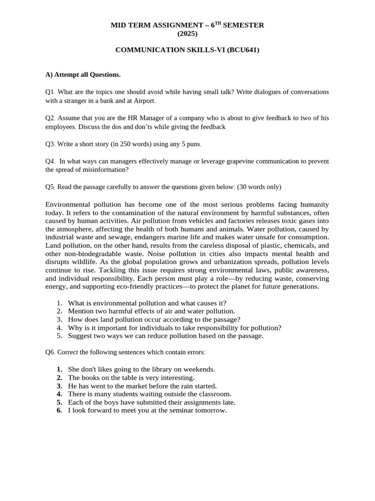 Mid Term Assignment 6TH Sem 2025 | PDF | Pollution | Water Pollution