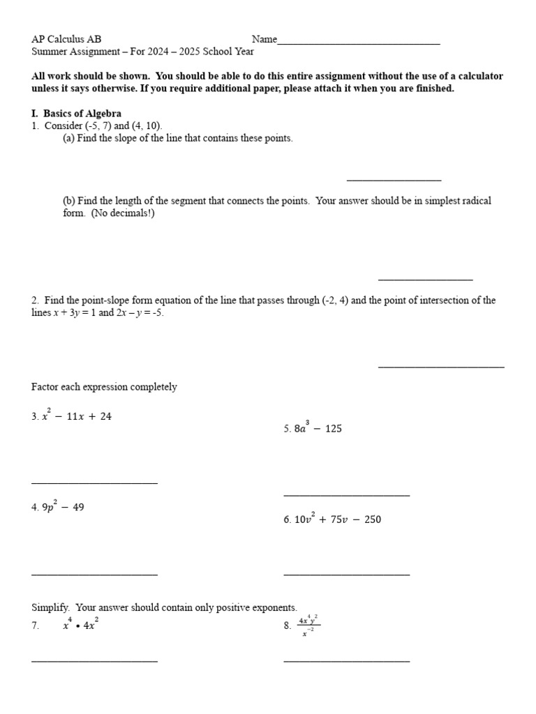 AP Calc AB Summer Assignment 24-25 | PDF | Trigonometric Functions ...