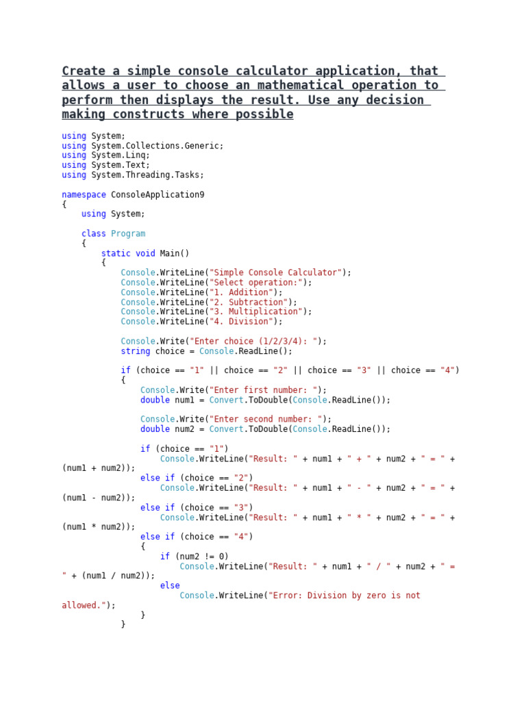 Create A Simple Console Calculator Application | PDF