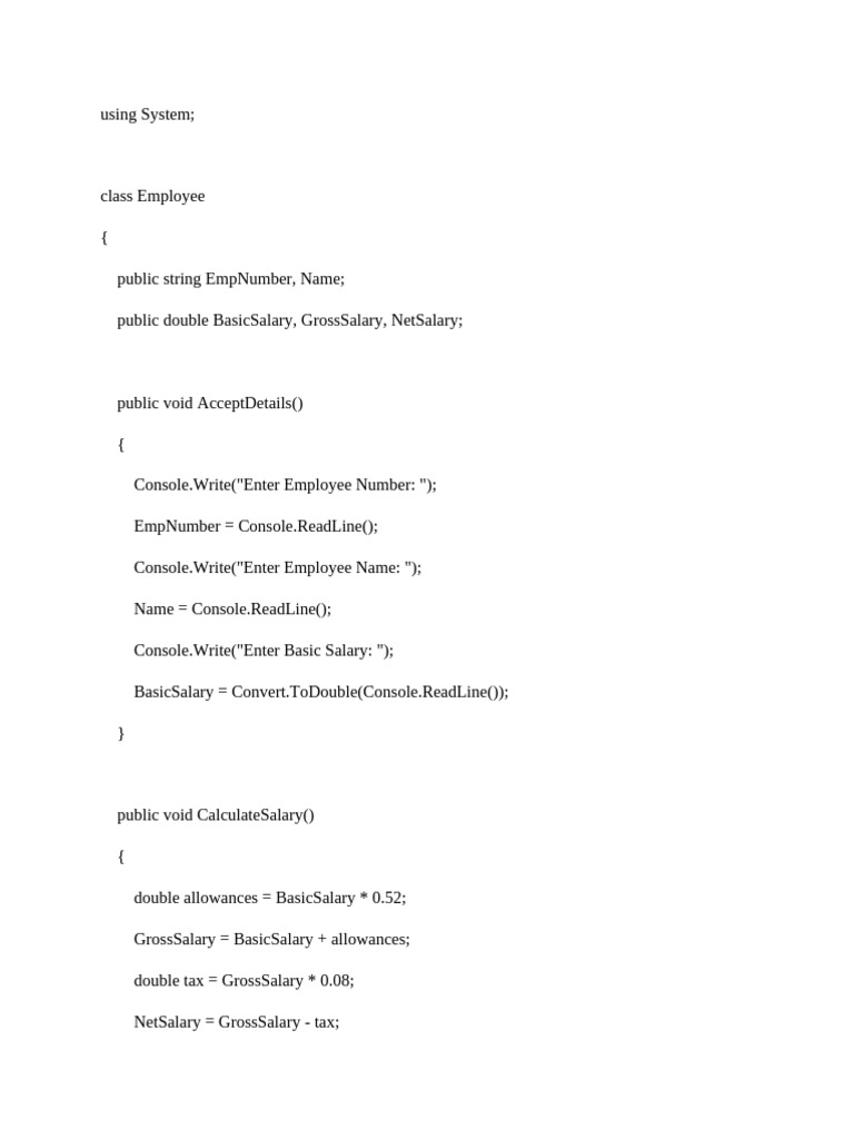 Employee Salary Calculation in C# | PDF