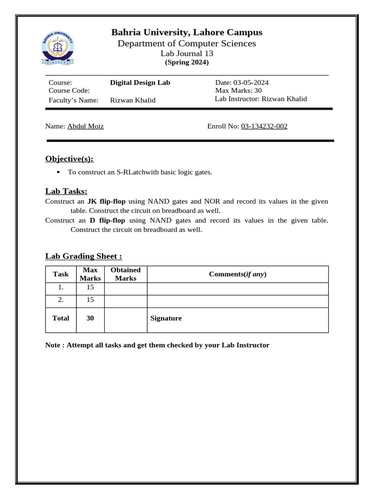 03-134232-002 Abdul Moiz DLD Lab Journal 13 | PDF | Electronic Design | Electrical Circuits