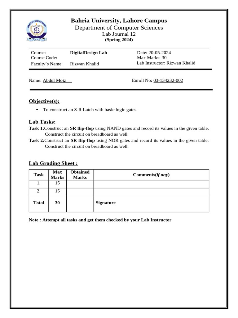 03-134232-002 Abdul Moiz DLD Lab Journal 12 | PDF | Electronics ...