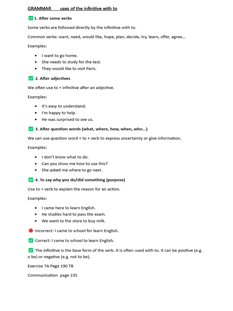 GRAMMAR Uses of The Infinitive With To | PDF