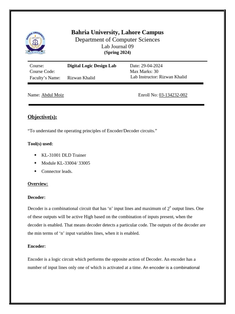03-134232-002 Abdul Moiz DLD Lab Journal 9 | PDF | Electronic Circuits ...