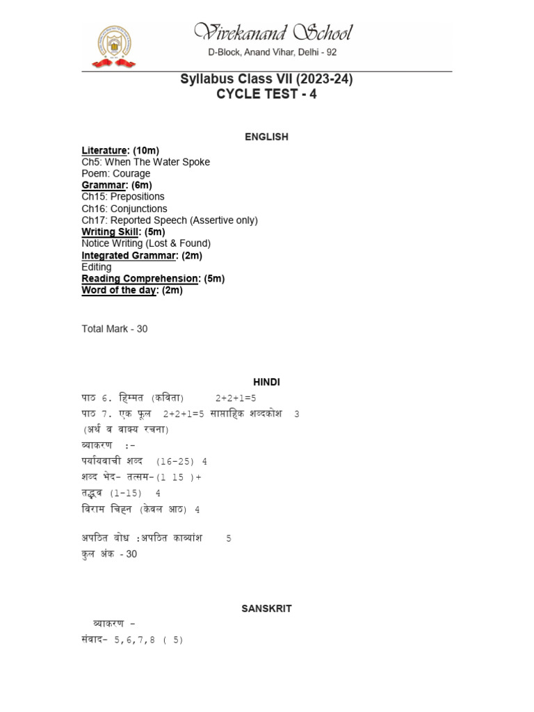 Syllabus Class VII CT4 20231230145313392 | PDF