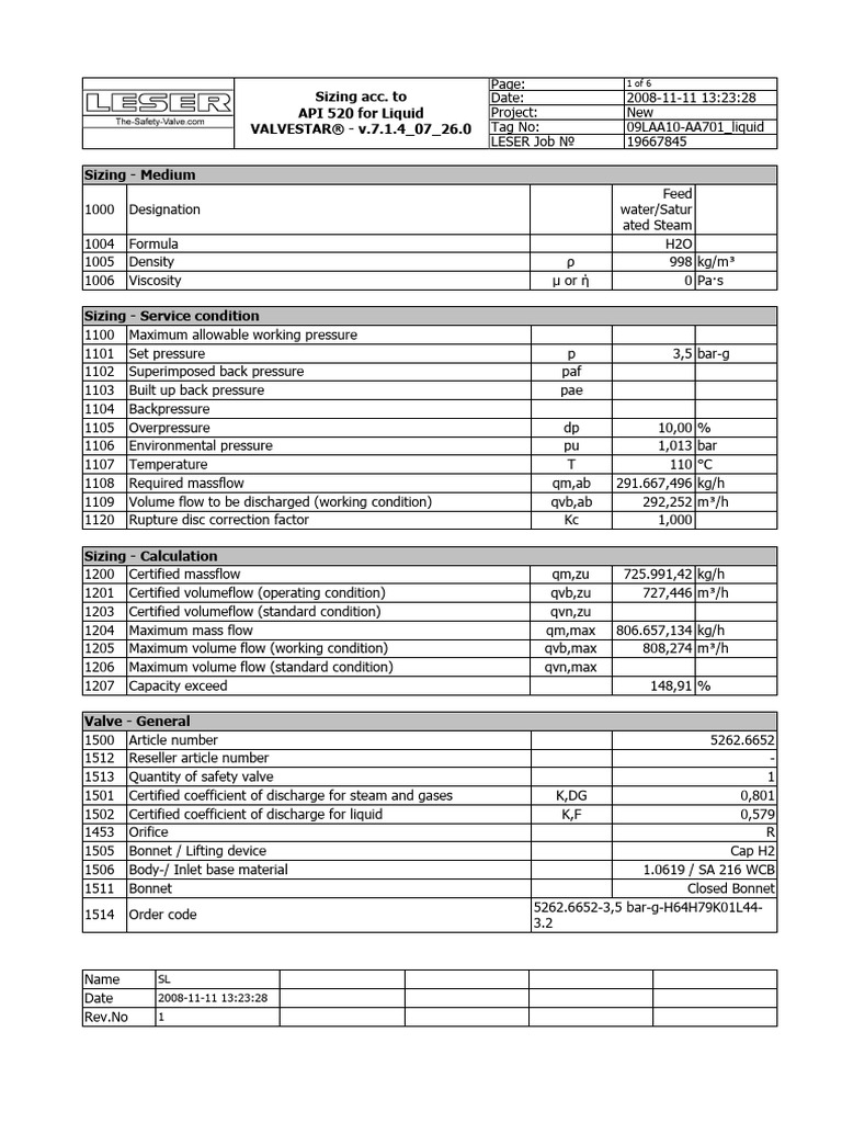 09LAA10-AA701 - Liquid (API 520 Liquid) | PDF | Valve | Pressure