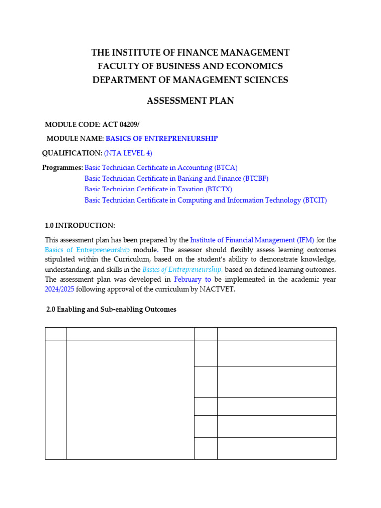Assessment Plan - Basics of Entrepreneurship (1) - 1 | PDF ...