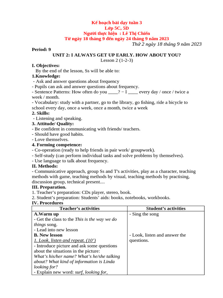 Giáo án Tiếng anh lớp 5 BGD cv 2345 Week 3 | PDF | Stress (Linguistics) | Teaching Method