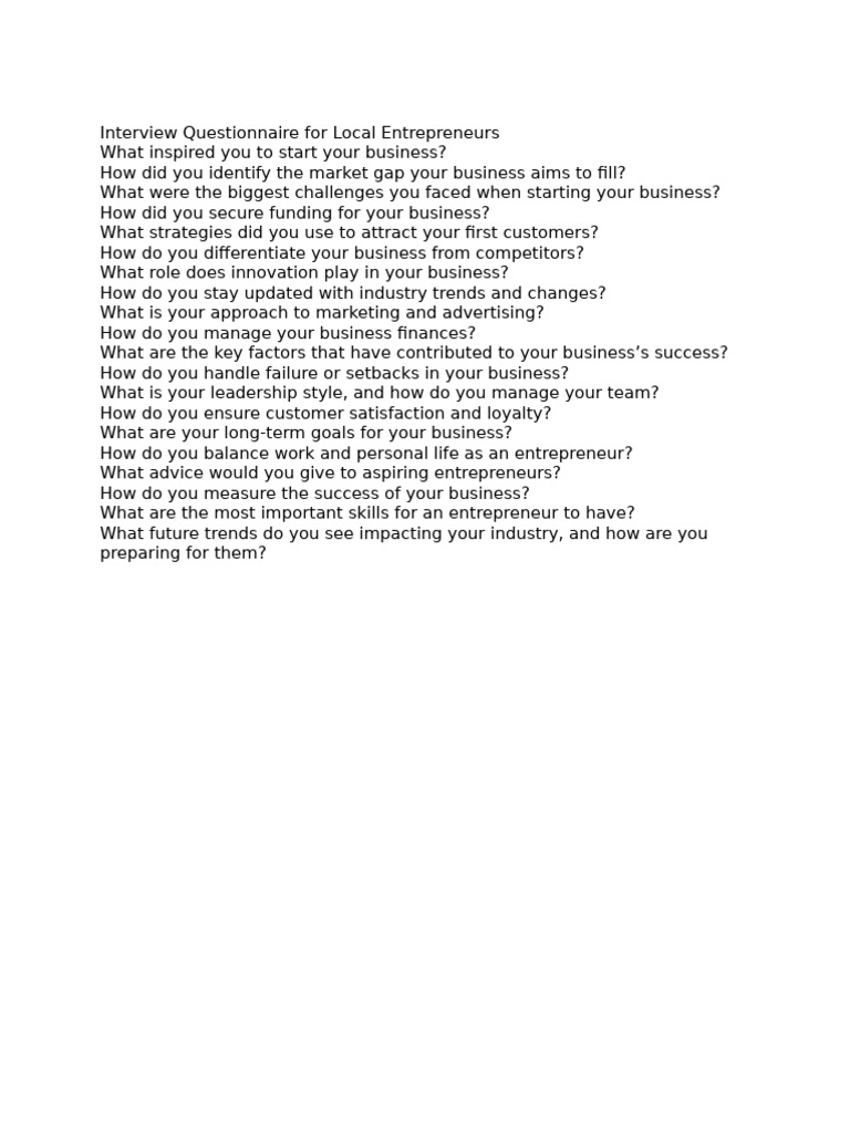 ENTREP ACTIVITY Interview Questionnaire For Local Entrepreneurs | PDF