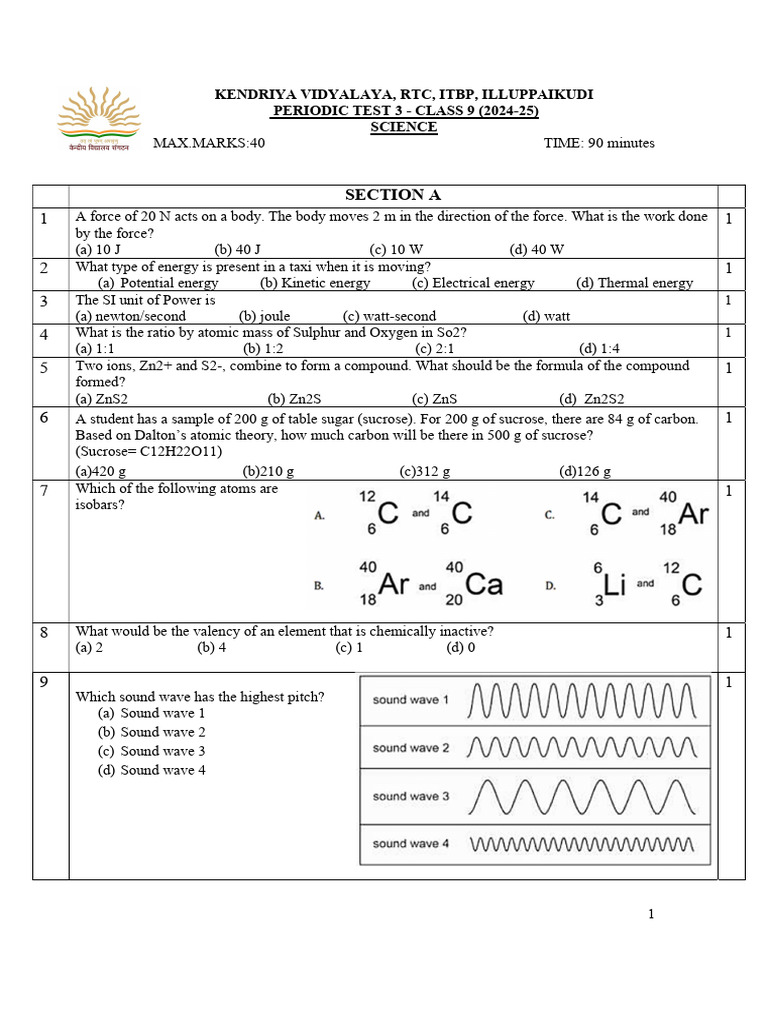 Kendriya Vidyalaya RTC Itbp Science Class 9 PT 3 | PDF | Atoms | Nature