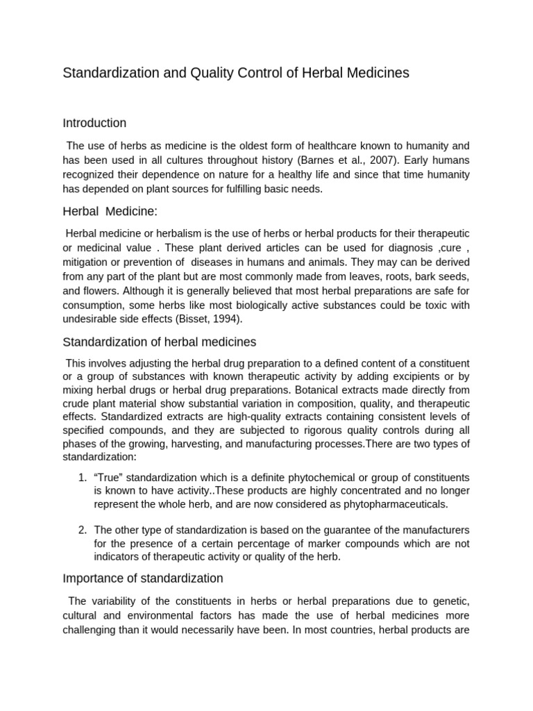 Standardization and Quality Control of Herbal Medicines | PDF | Health ...