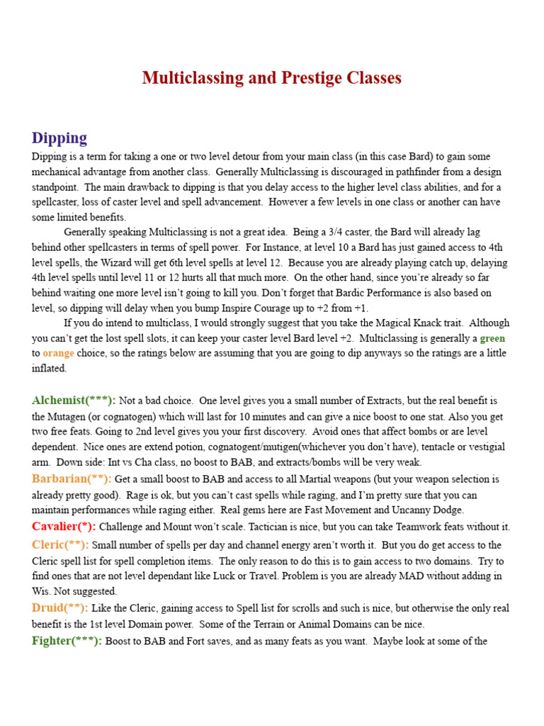 Pathfinder Bard Giude - Multiclassing and Prestige Classes | PDF ...