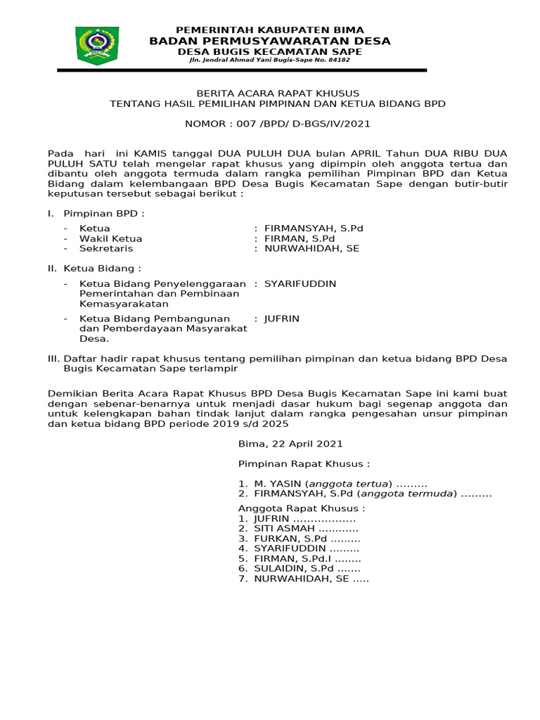 Contoh Keputusan BPD Dan SK Camat Penepatan Pimpinan BPD 2020 | PDF