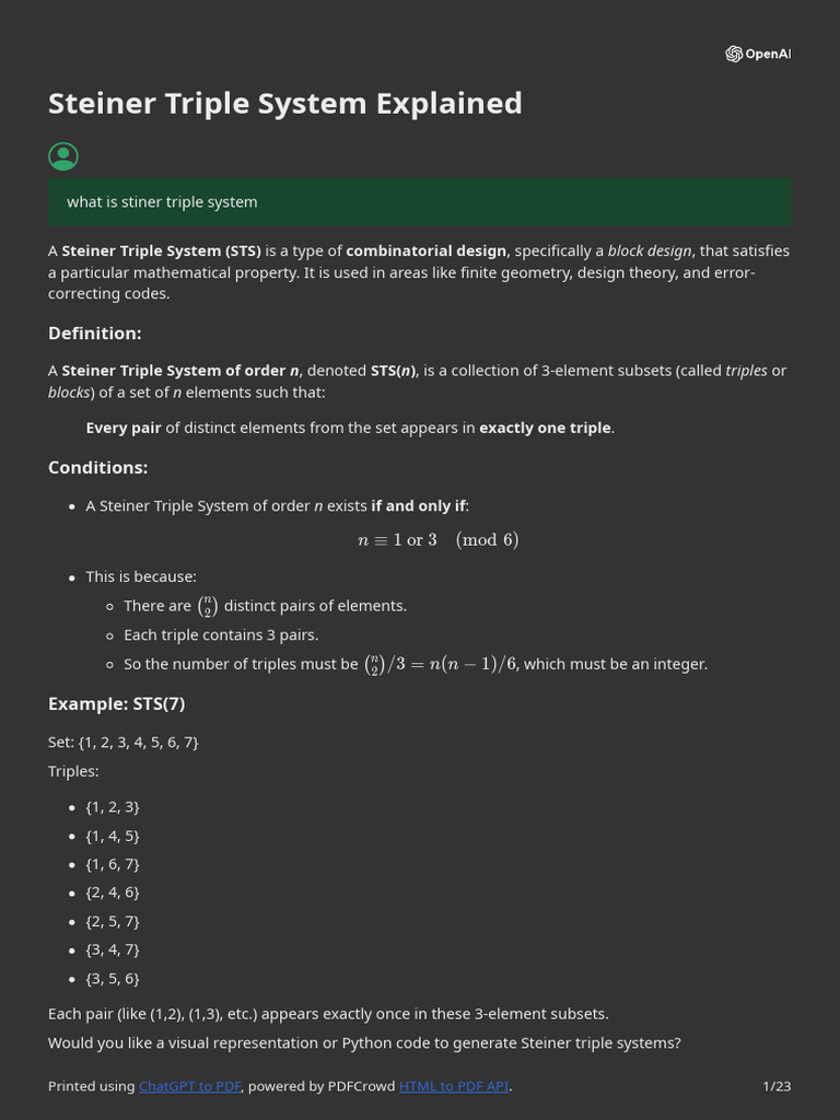 Steiner Triple System Explained | PDF | Combinatorics | Mathematical Concepts