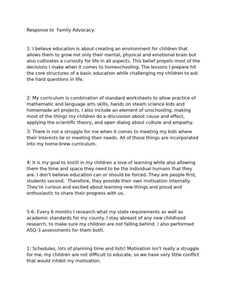 Response To Family Advocacy Quetionare | PDF | Behavior Modification ...