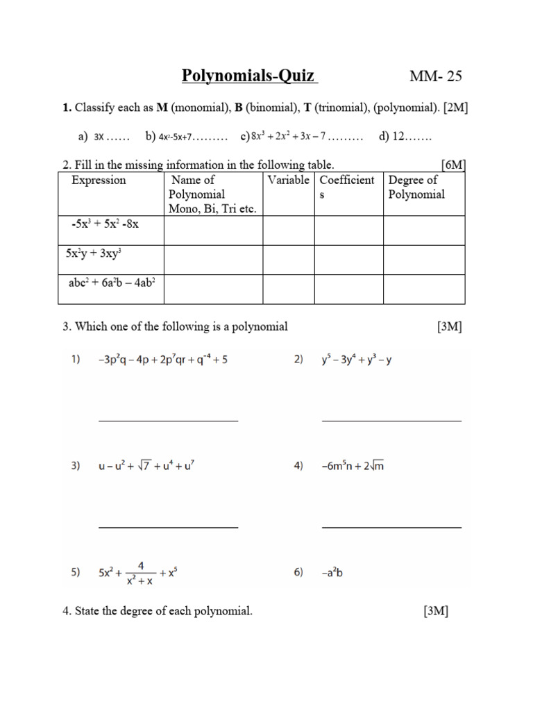 Polynomial Addition and Subtraction Quiz | PDF