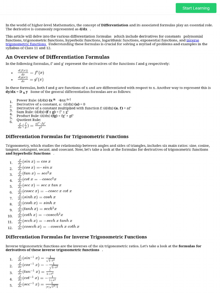 Differentiation Formulas - List, Trigonometric, Inverse Trigonometric ...