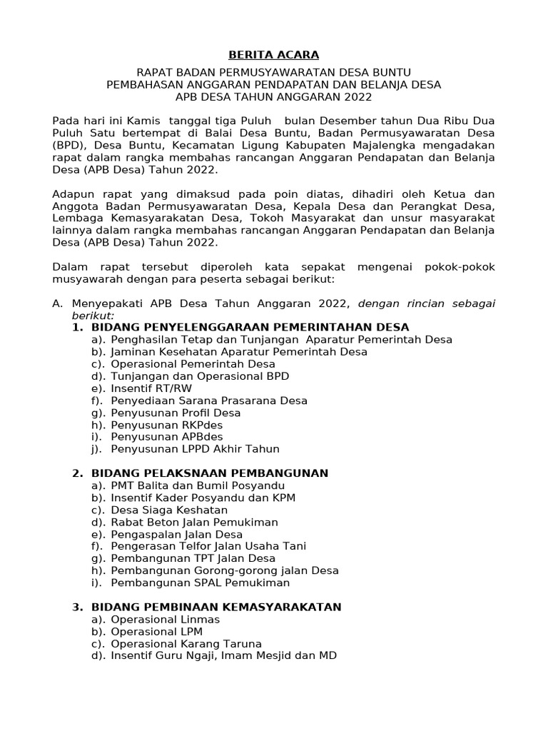 02. Draft BA. Rapat BPD - Perdes APB Desa 2021 B UNTU | PDF