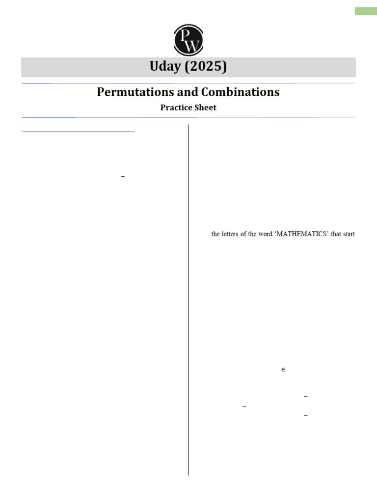 Permutations and Combinations - Practice Sheet | PDF | Mathematics ...