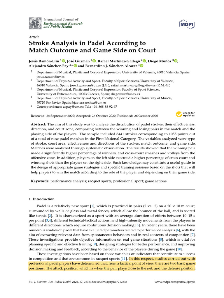 Stroke Analysis in Padel According To Match Outcome and Game Side On ...