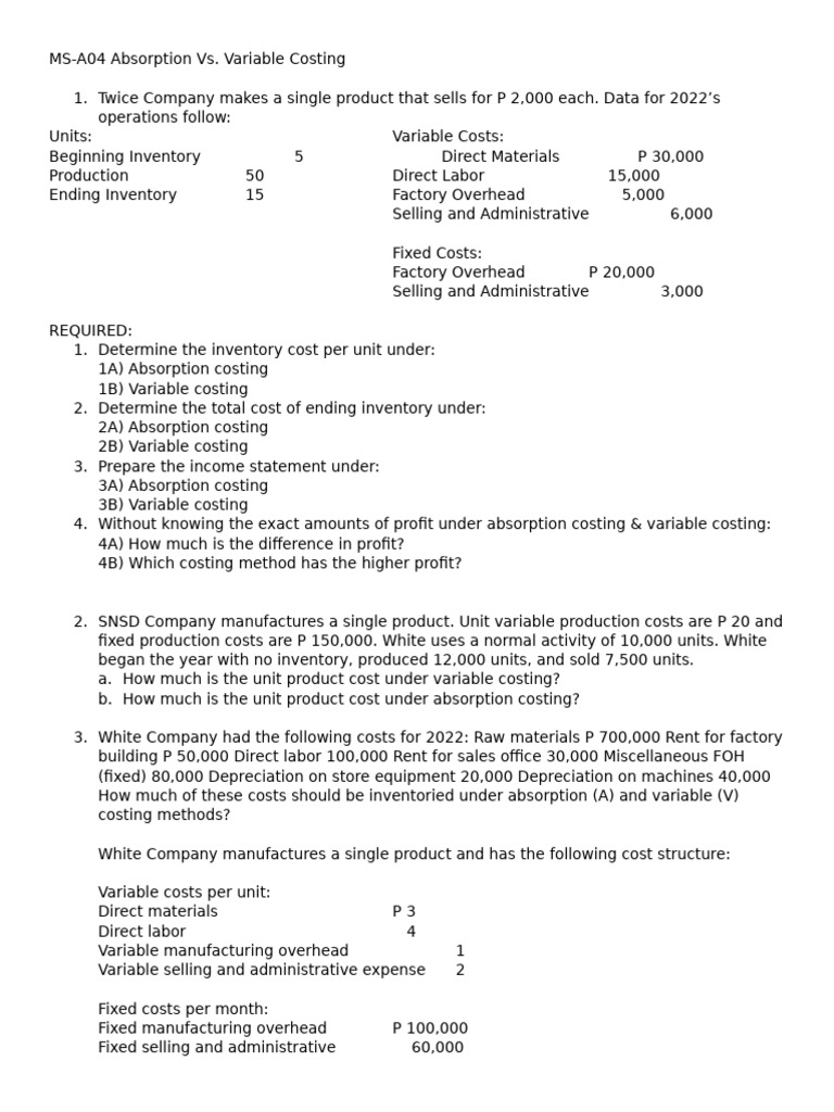 MS A04 Absorption vs. Variable Costing | PDF | Cost Of Goods Sold | Inventory