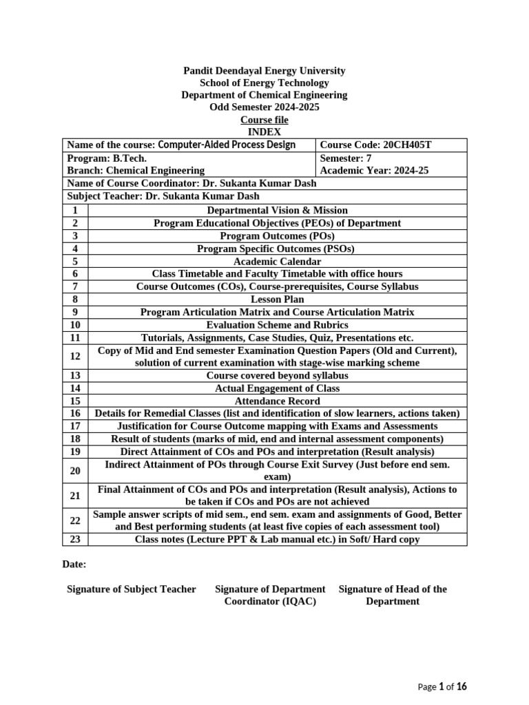 20CH405T - Computer Aided Process Design - Course-Students Hand Outs ...