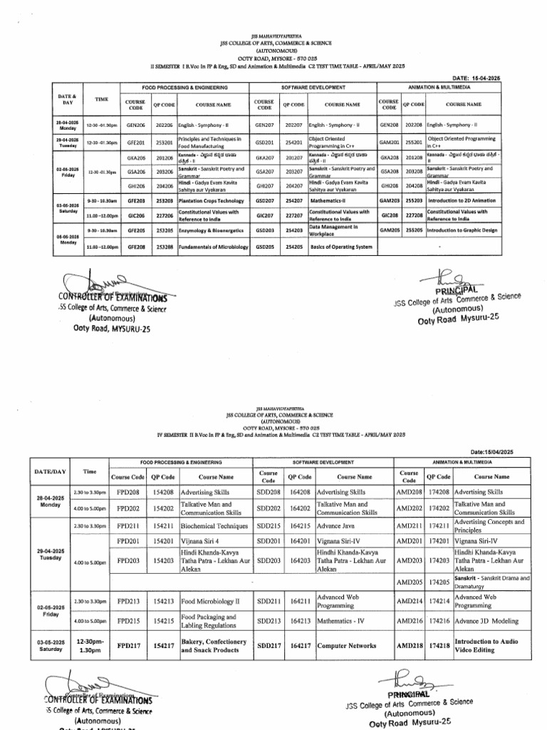 Notification For B.voc II, IV & VI Semester C2 Second Test Time Table ...