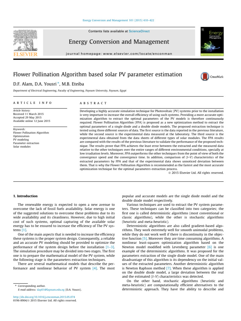 Flower Pollination Algorithm based solar PV parameter estimation | PDF | Photovoltaics | Pollination