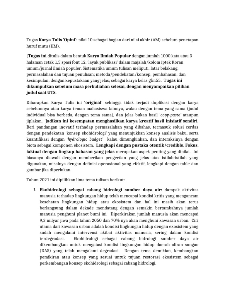 Tugas karya tulis Ekohidrol 2021-1 | PDF