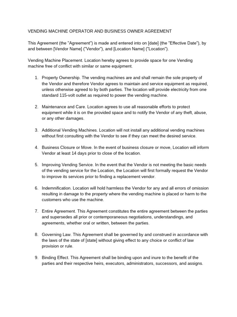 Vending Machine Operator Agreement | PDF | Indemnity | Justice