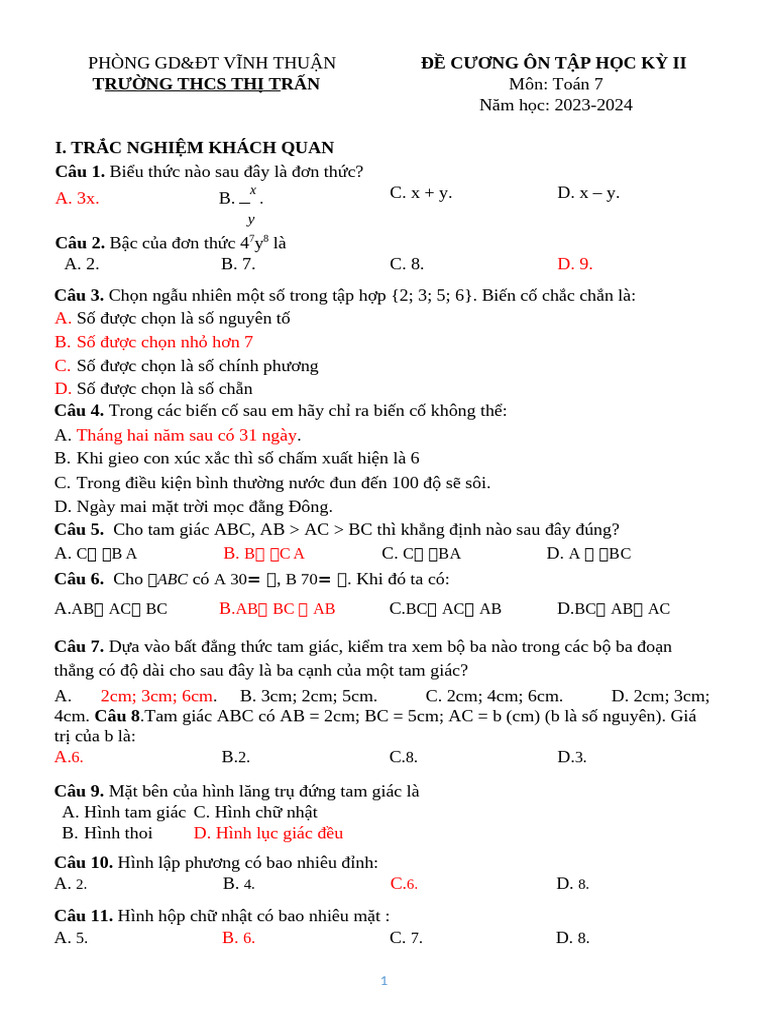 De Cuong On Tap Hkii Toan 7 (HS) | PDF