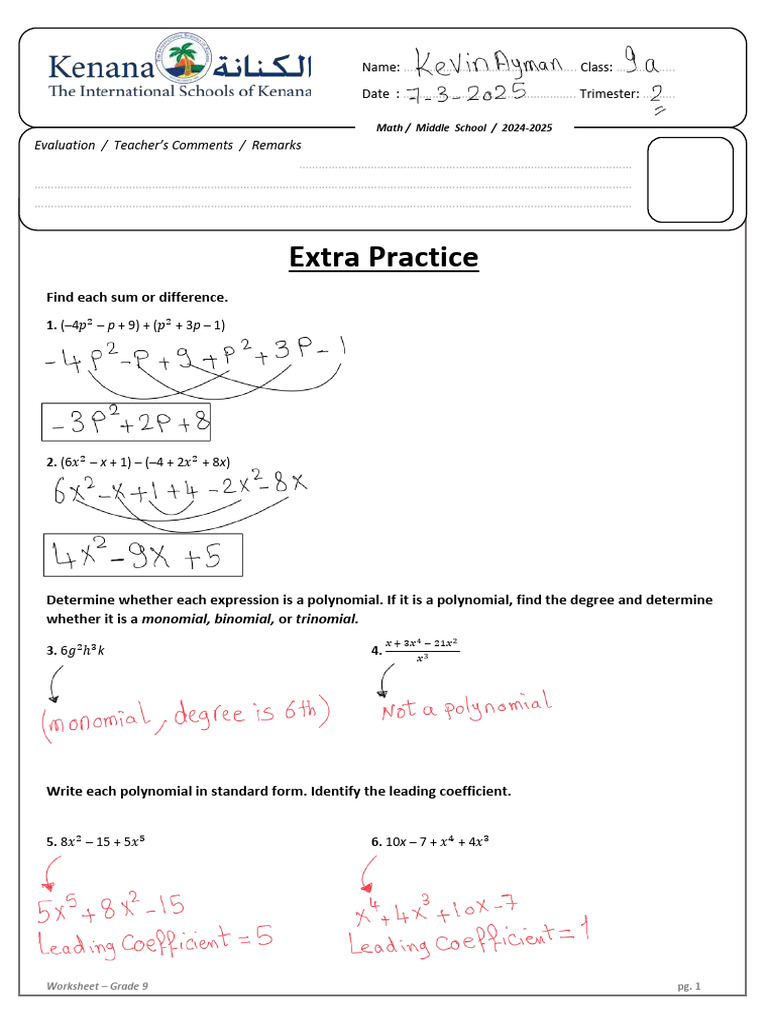 Extra Practice (Trimester 2) - Math-Gr9 | PDF | Polynomial | Equations