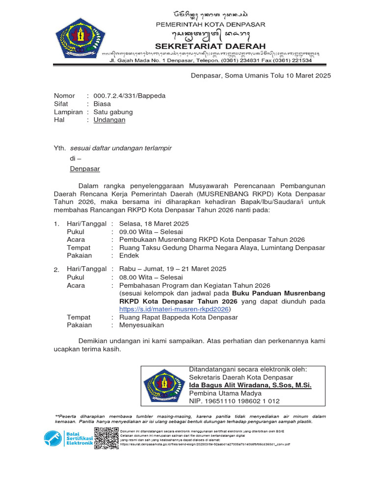 Undangan Musrenbang RKPD 2026 Denpasar | PDF