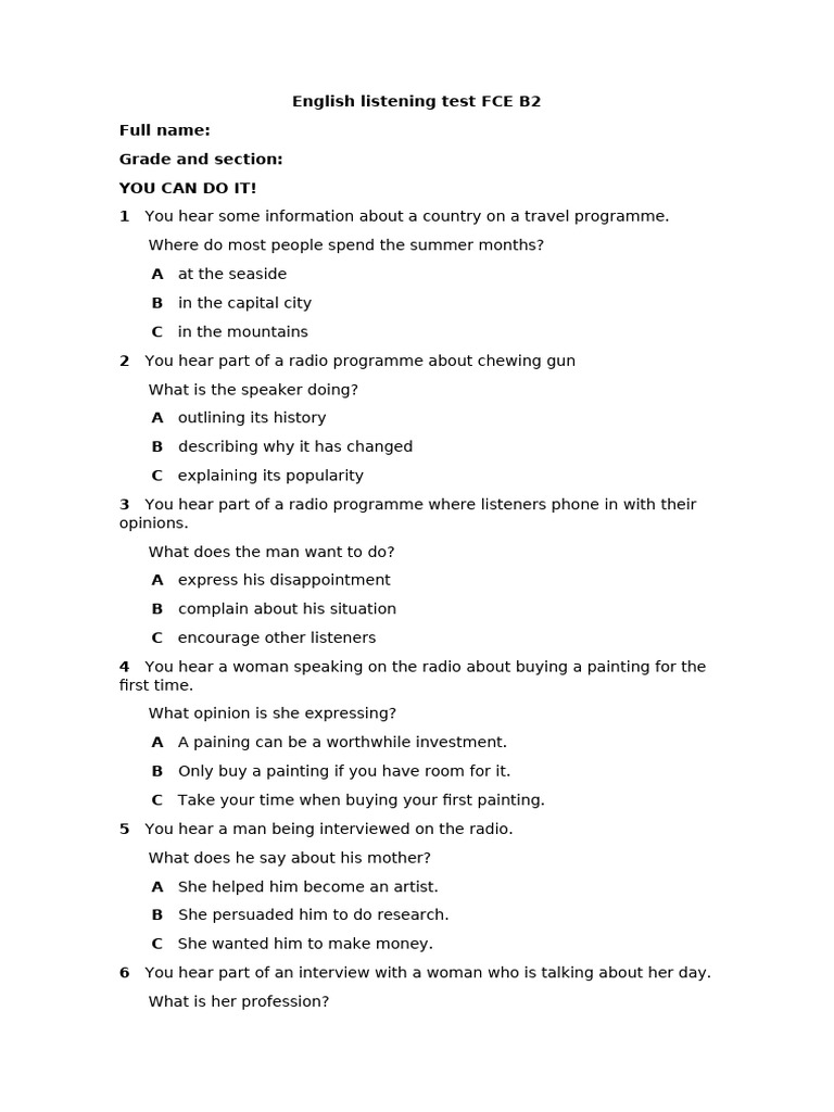 FCE B2 Listening Test Overview | PDF
